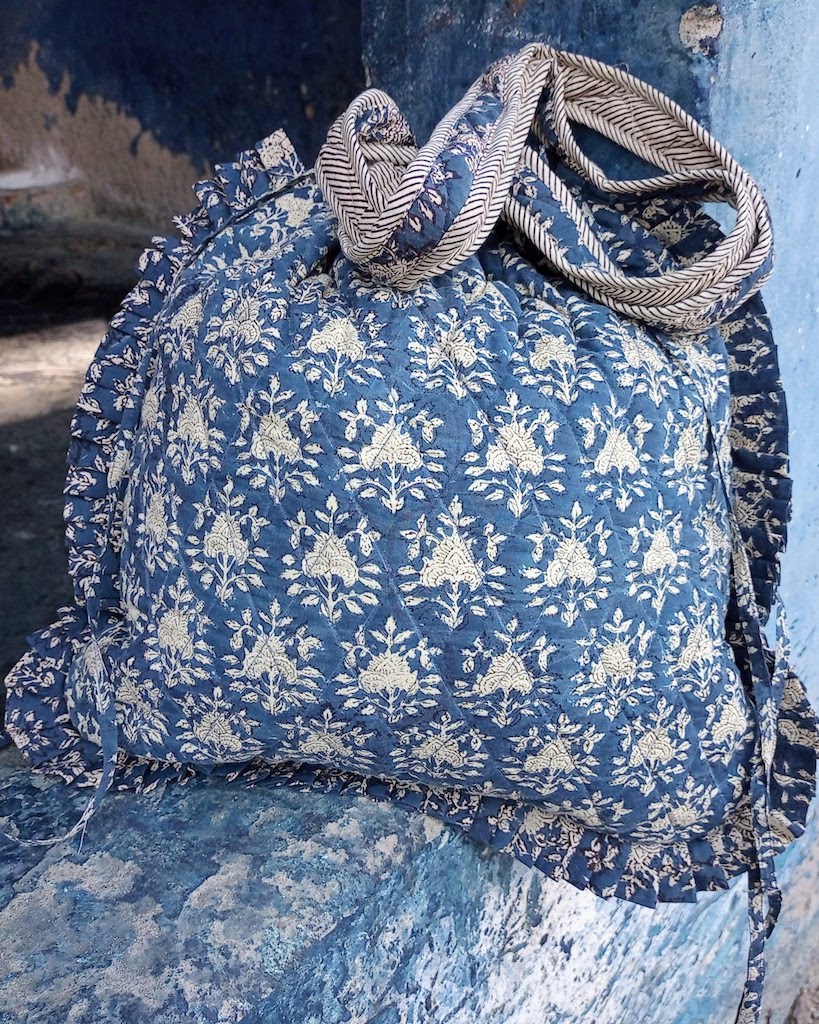 Pleated Tote Bag - Reversible Quilted Indigo Block Print - Cotton Conscious
