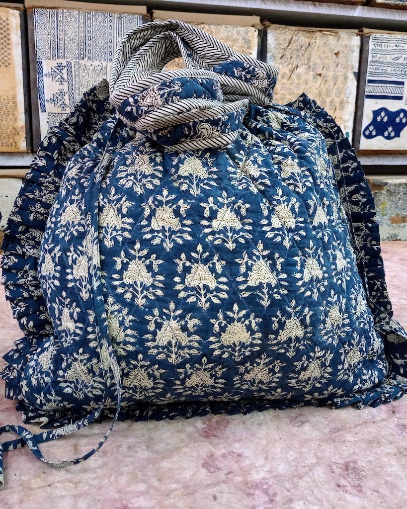 Pleated Tote Bag - Reversible Quilted Indigo Block Print - Cotton Conscious