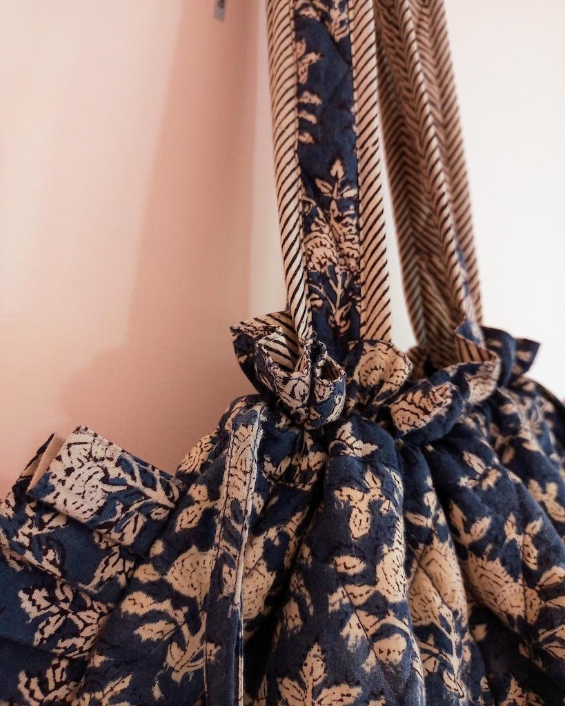 Pleated Tote Bag - Reversible Quilted Indigo Block Print - Cotton Conscious