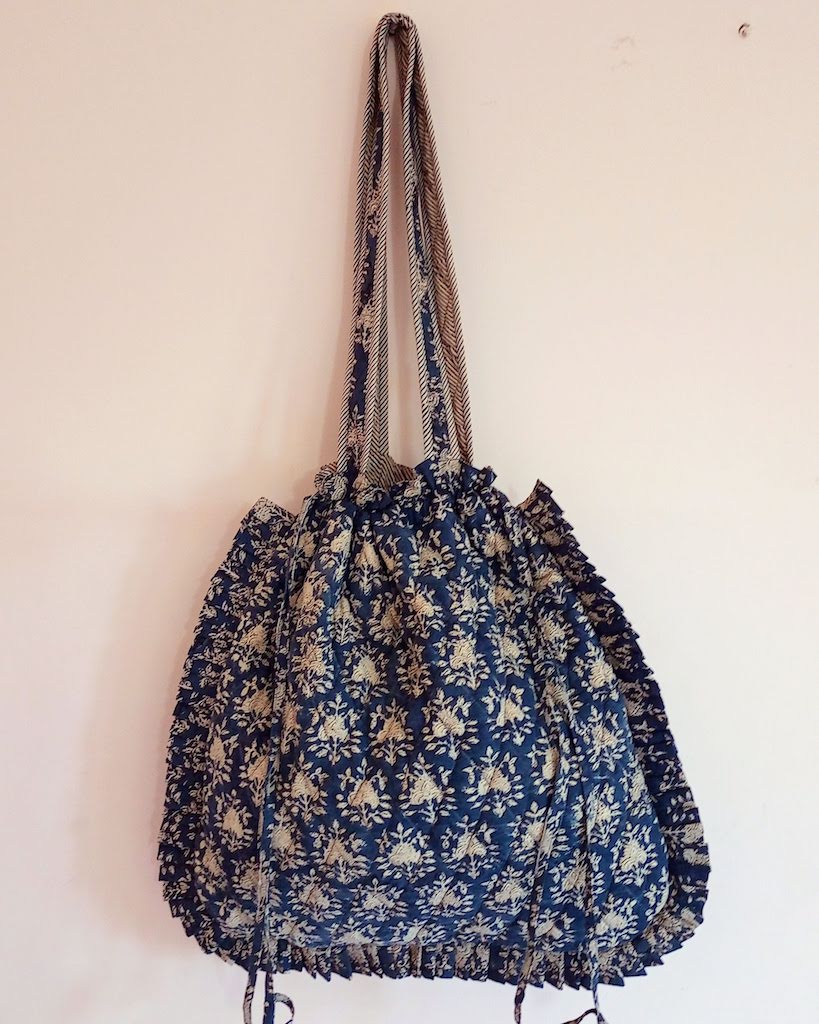 Pleated Tote Bag - Reversible Quilted Indigo Block Print - Cotton Conscious